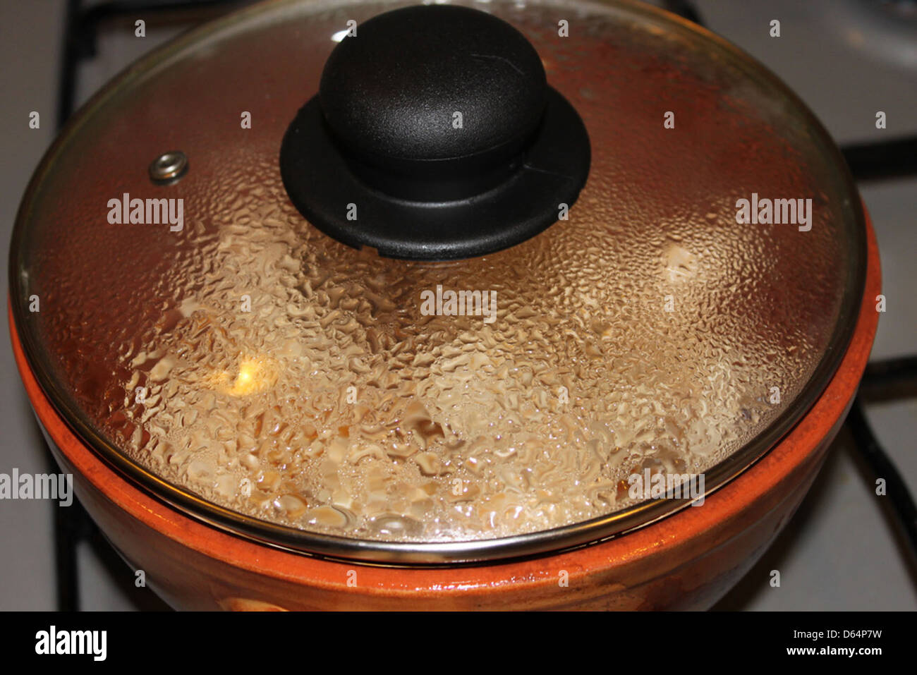 This photo shows ceramic cookware with a glass lid, demonstrating ...
