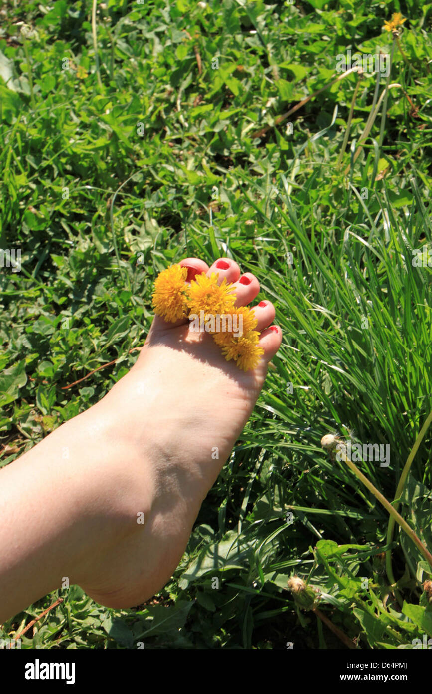This image shows a person walking barefoot in a grassy field with ...