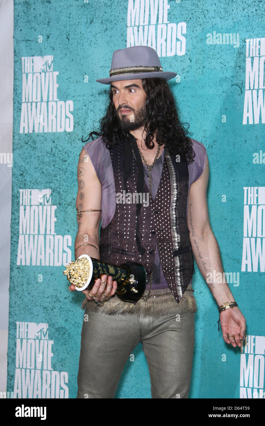 British actor Russell Brand poses in the press room of the 2012 MTV ...