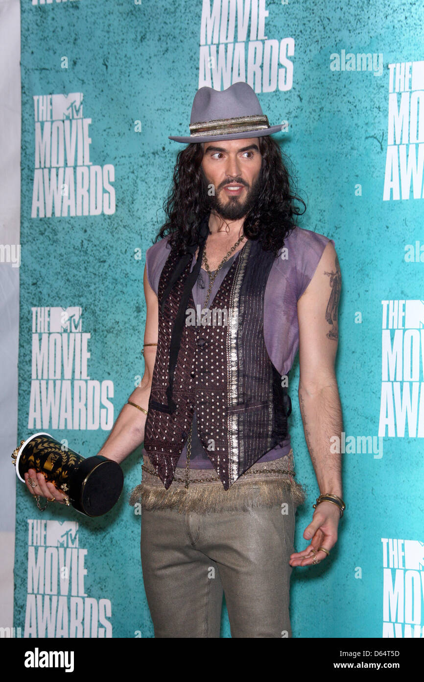 British actor Russell Brand poses in the press room of the 2012 MTV ...