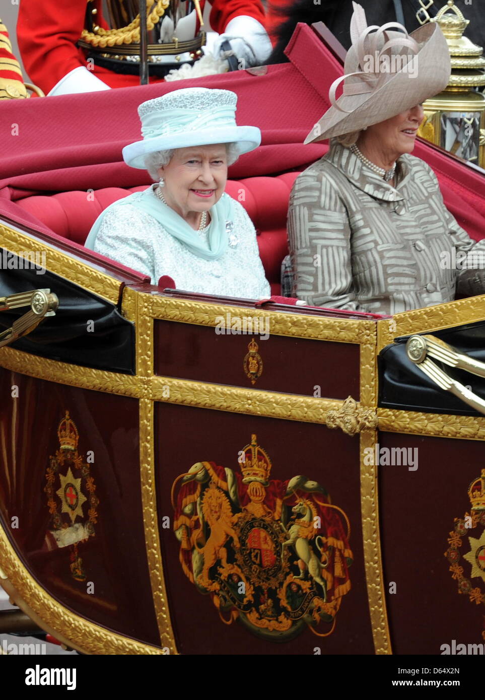 Queen Elizabeth II (l-r) and Camilla Duchess of Cornwall ride in a ...
