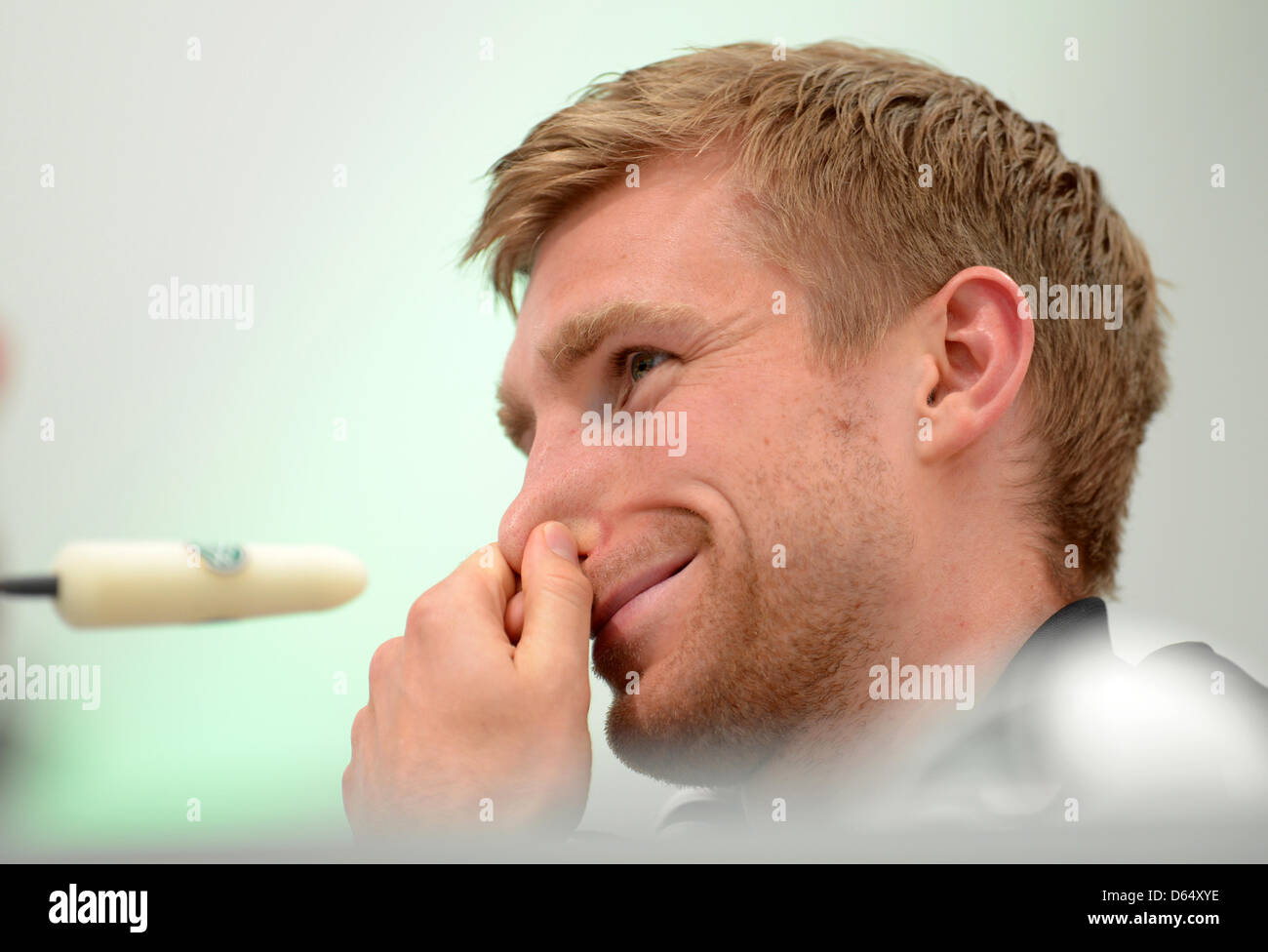 Germany's Per Mertesacker gestures during a press conference of the ...