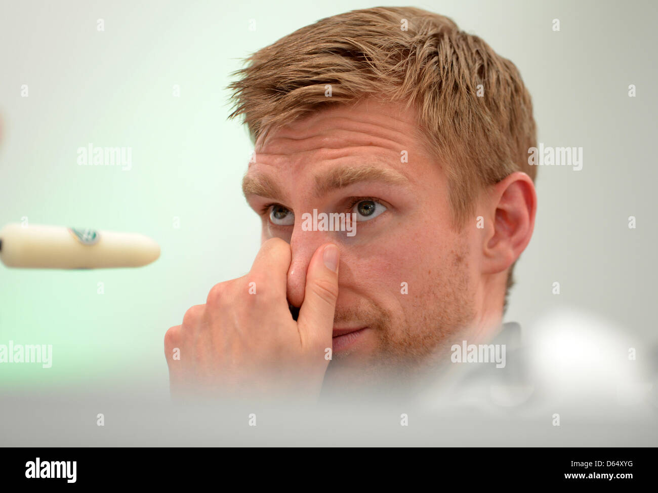 Germany's Per Mertesacker gestures during a press conference of the ...