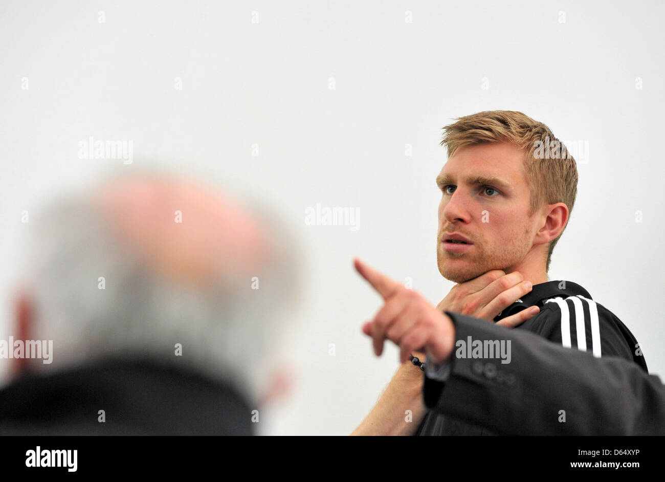 Germany's Per Mertesacker gestures during a press conference of the ...