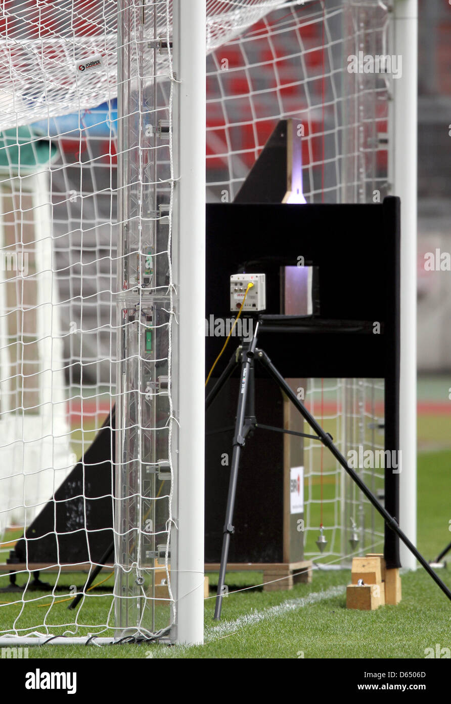 A goal is equipped with senors for tests on goal line recognition with ...