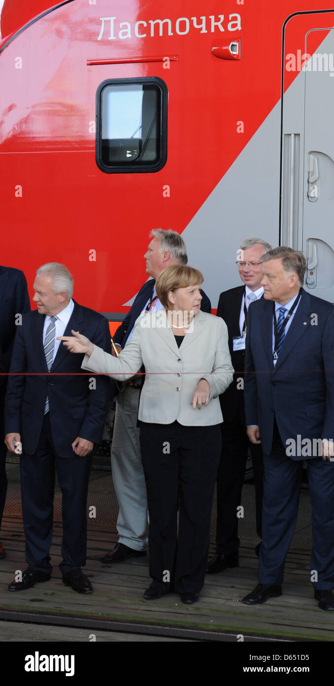 German Chancellor Angela Merkel opens the ferry line to Ust-Luga near ...