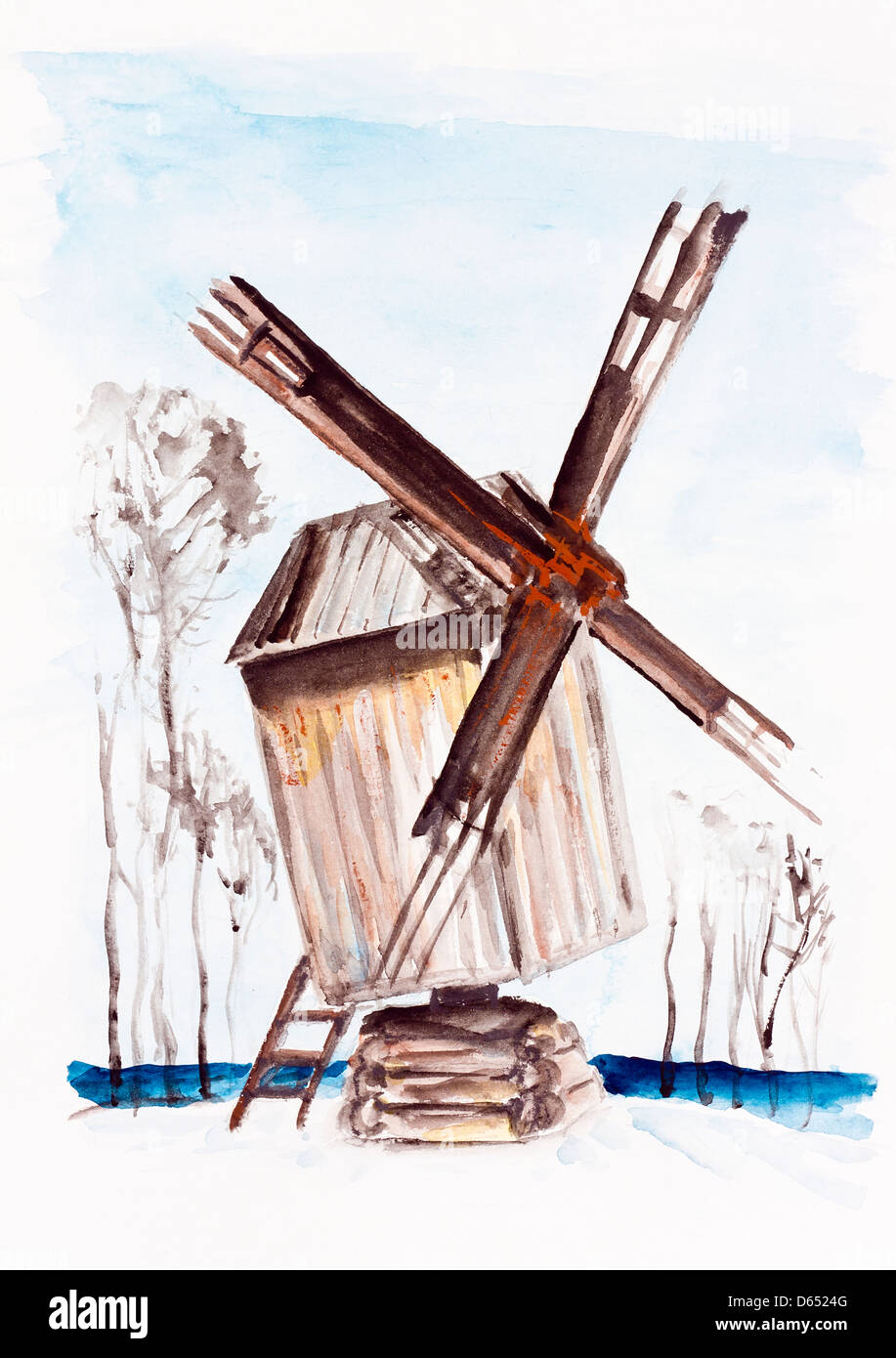 Old windmill on the bank of the frozen winter river landscape Stock ...