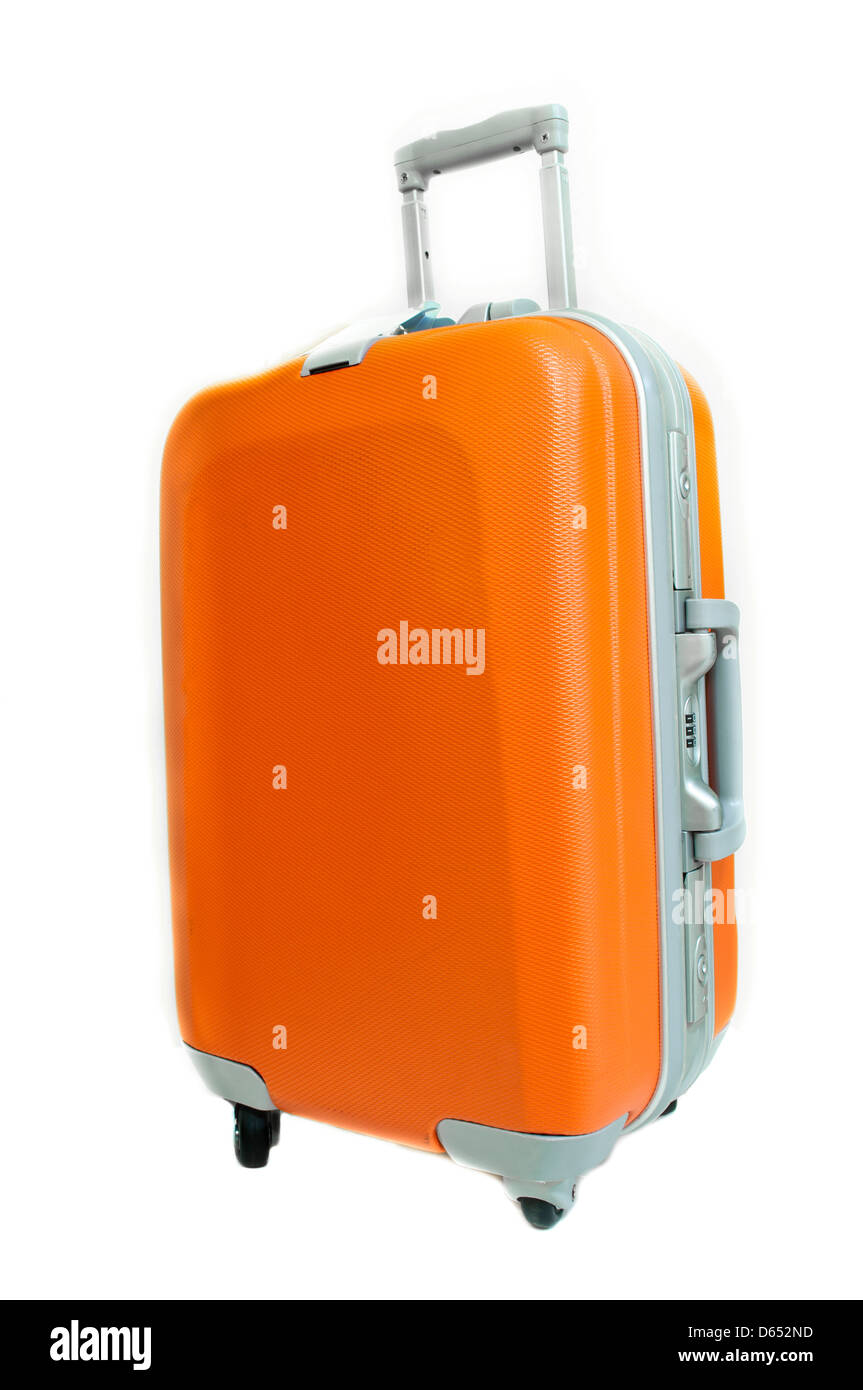 The orange suitcase isolated on white background Stock Photo - Alamy