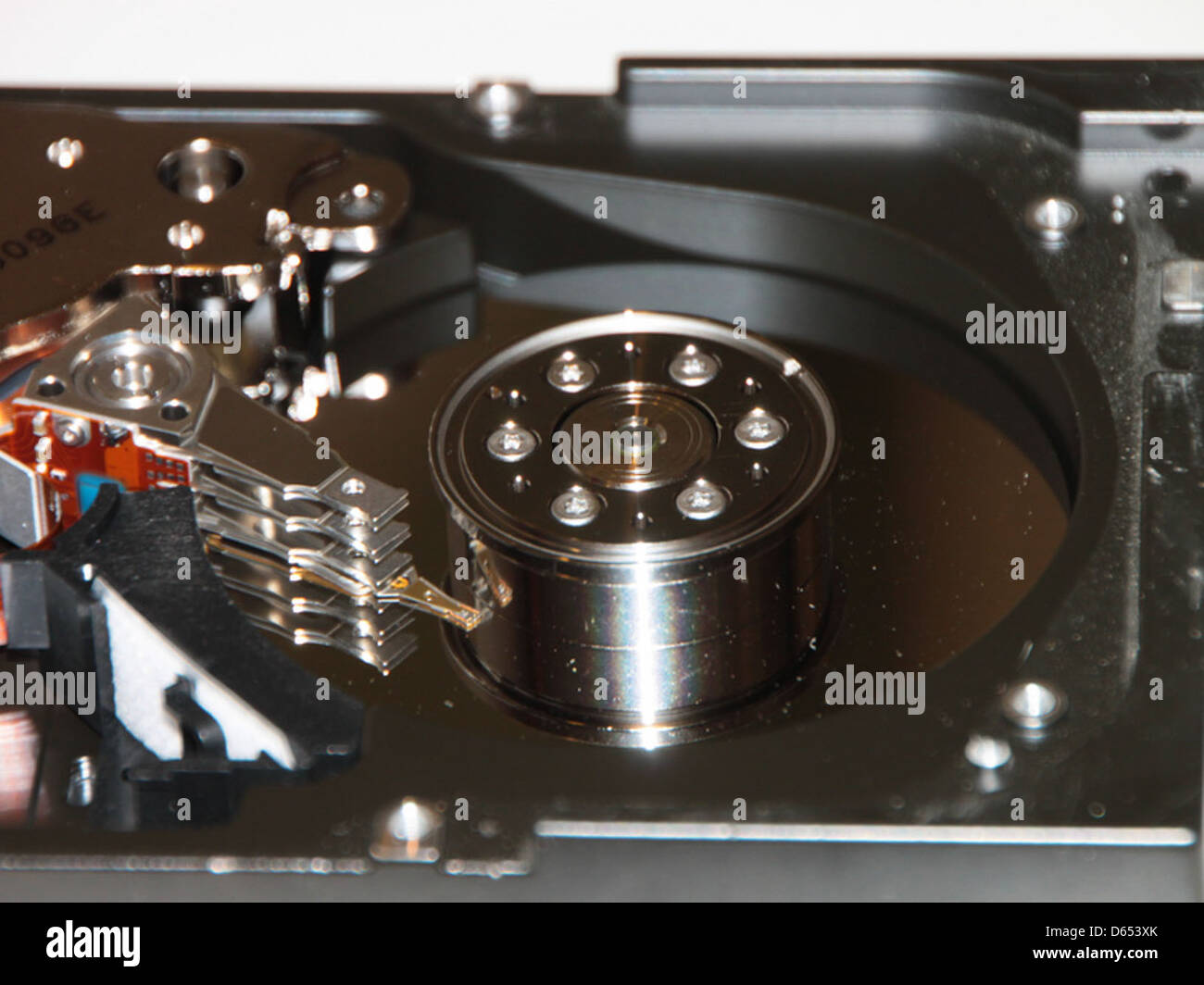 An open view of a 15K SCSI hard disk drive (HDD), showing the internal ...