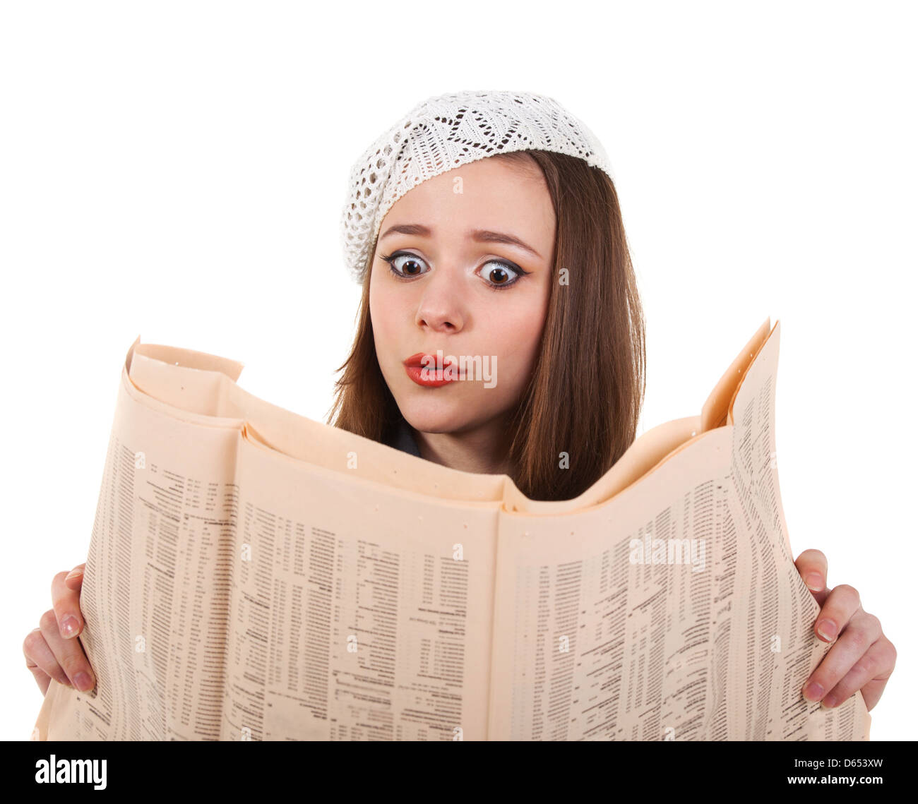 Young cute brunette girl with newspaper Stock Photo - Alamy