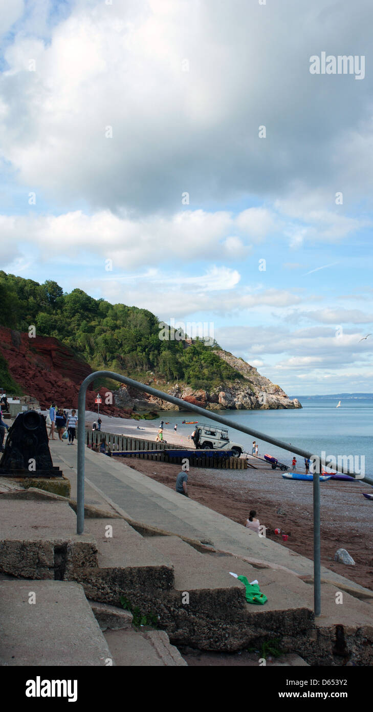 landslide Devon green cliffs boats clouds water Stock Photo - Alamy