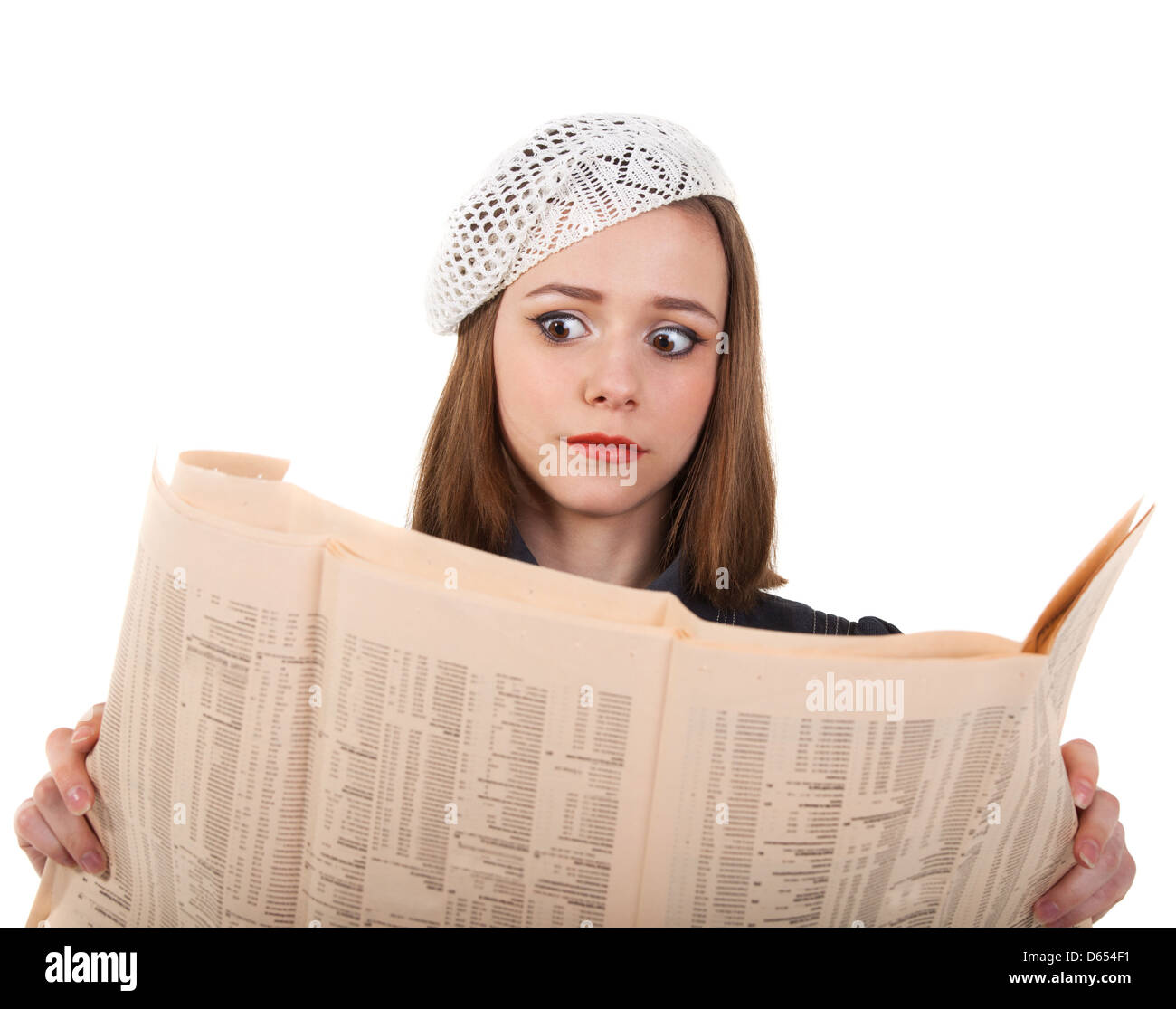 Young cute brunette girl and newspaper Stock Photo - Alamy