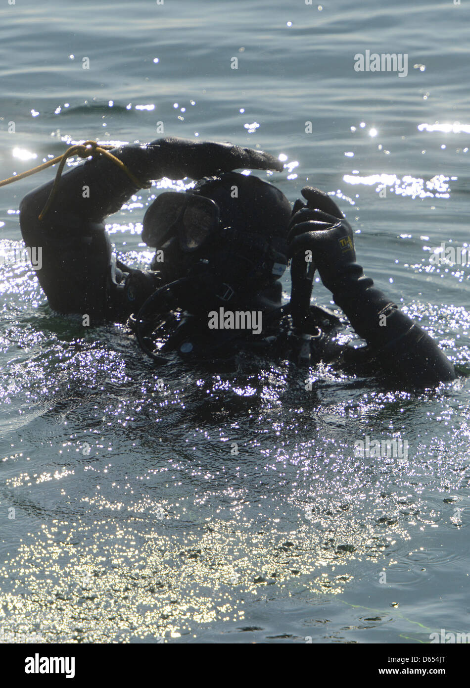 Divers of the German Armed Forces start a dive to the dive fighter ...