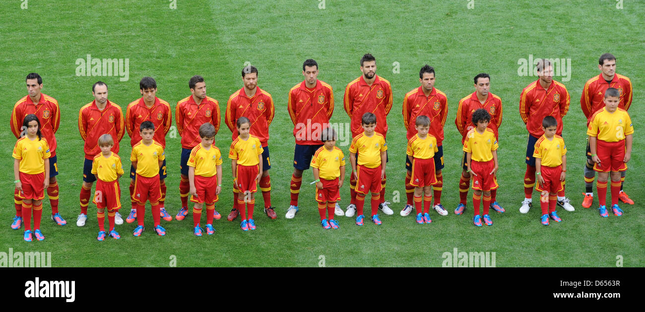 The Spanish team during their national anthym prior to the UEFA EURO ...