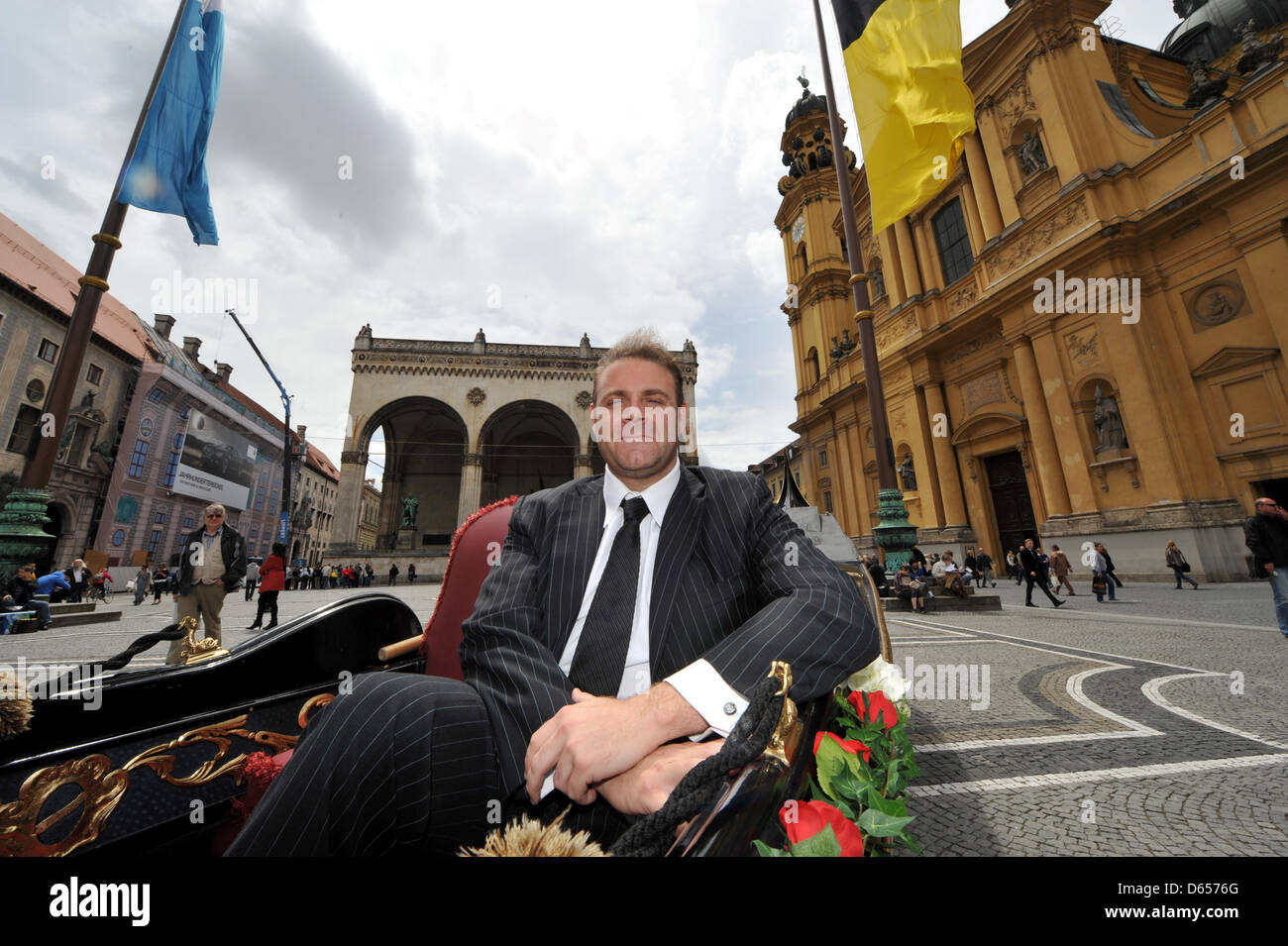 Maltese tenor Joseph Calleja sits in a gondola on Odeonsplatz during a ...