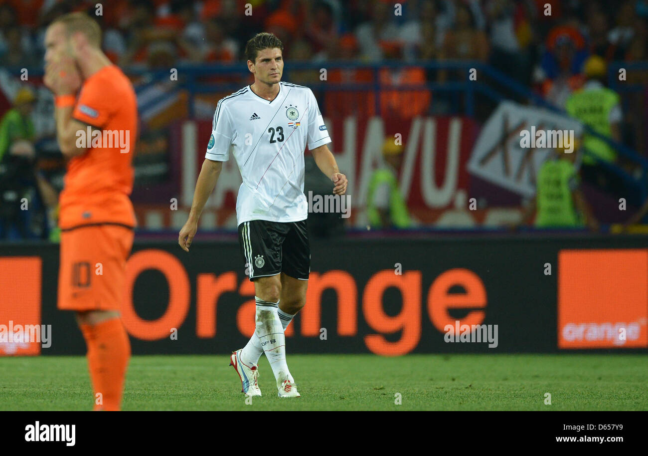 Germany's Mario Gomez celebrates his 2-0 during UEFA EURO 2012 group B ...