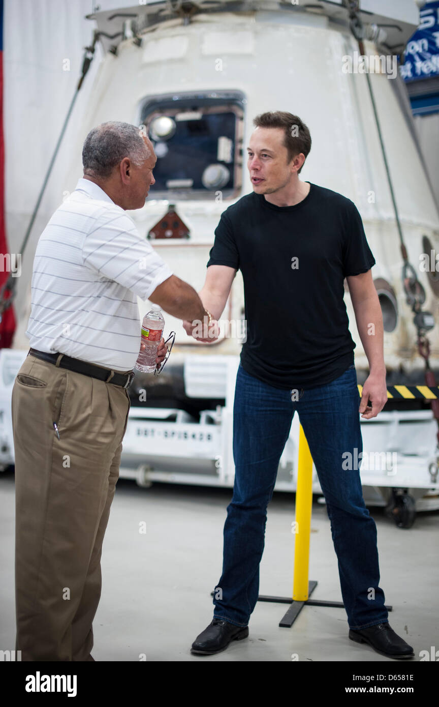 NASA Administrator Charles Bolden, left, congratulates SpaceX CEO and ...