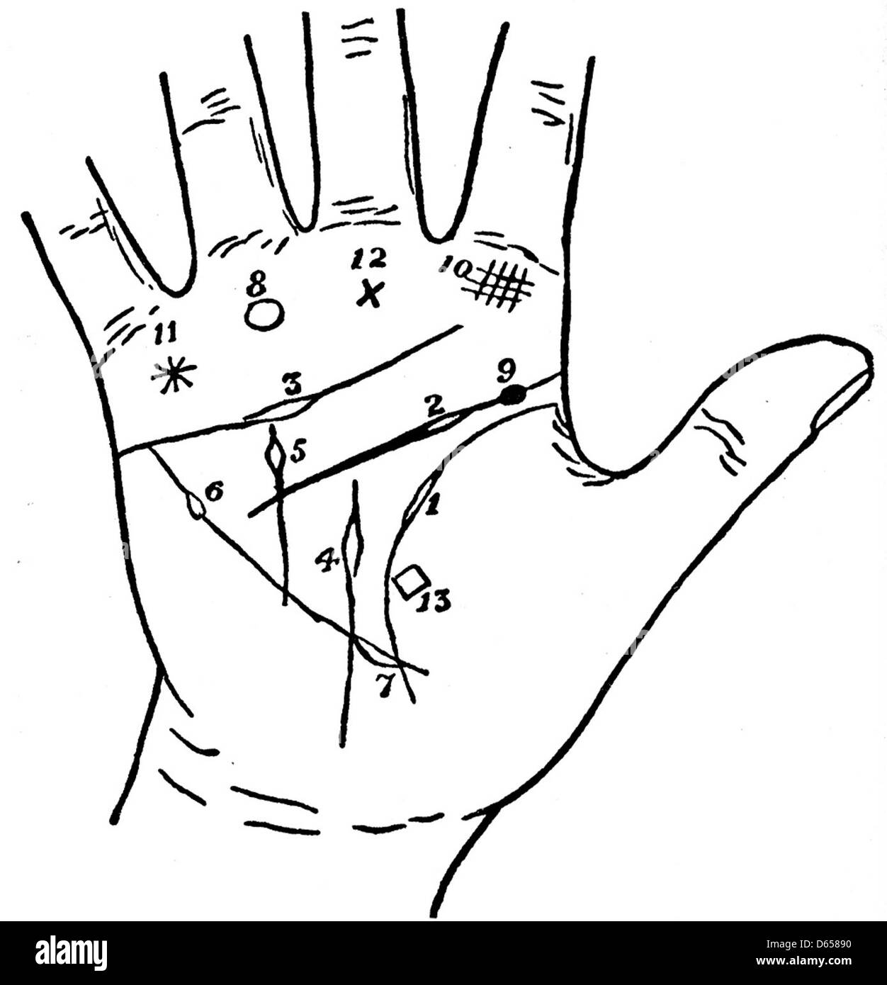 This illustration from 'Cheiro' presents a detailed palmistry chart ...