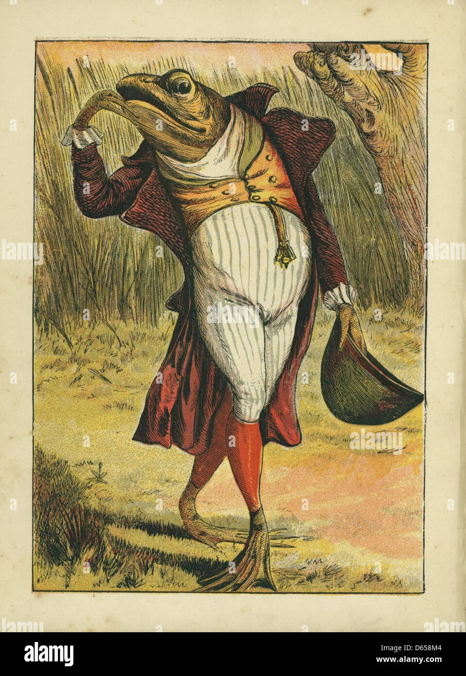 This vintage illustration features an anthropomorphic frog, reflecting ...