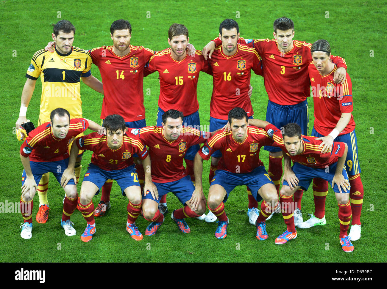 Spain's starting line-up poses for the group photo before the UEFA EURO ...
