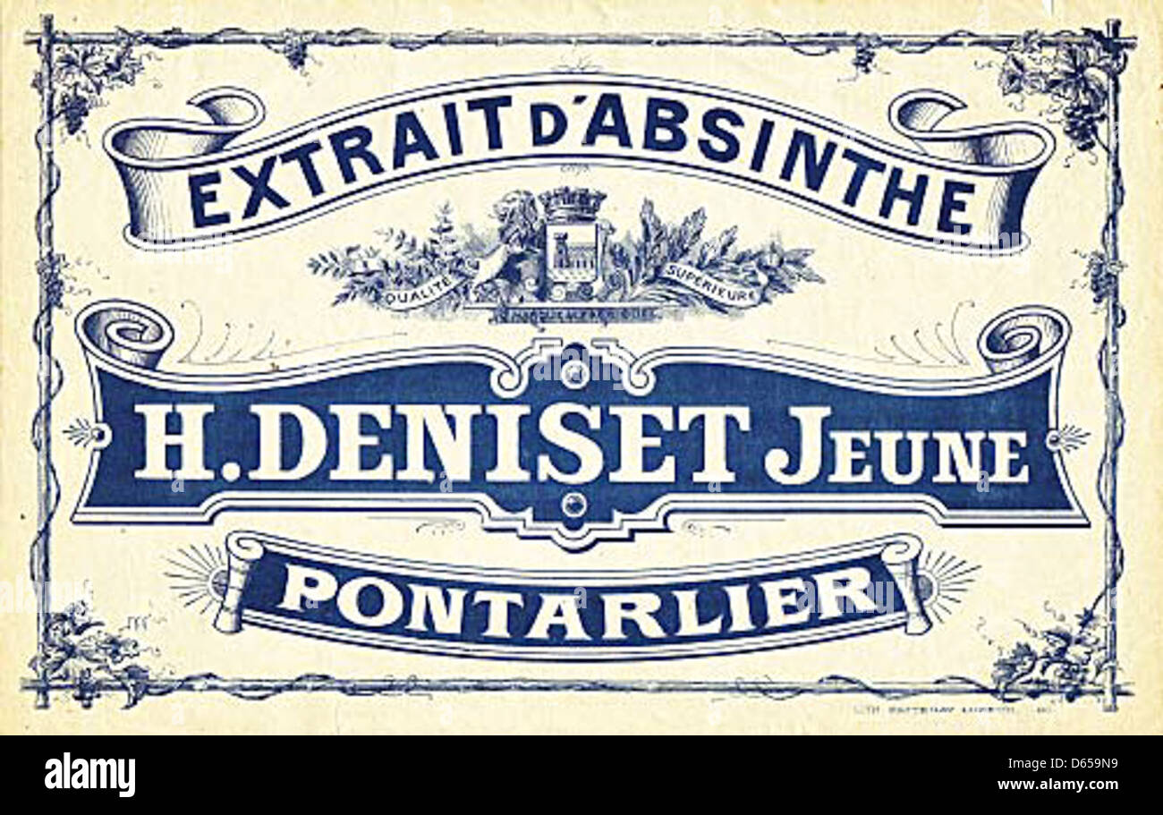 This vintage absinthe crate label features the branding of H. Deniset ...