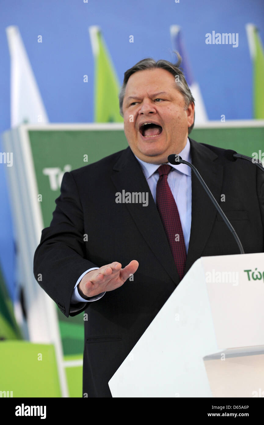 Evagelos Venizelos (M), head of the Greek PASOK party, speaks during an ...