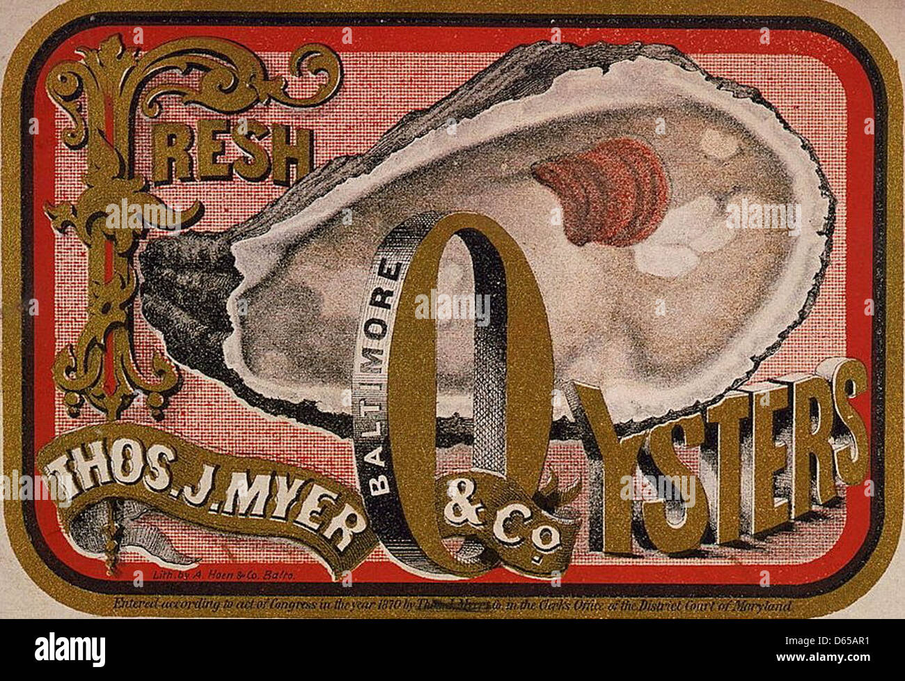 A vintage oyster label from 1870, advertising fresh Baltimore oysters ...