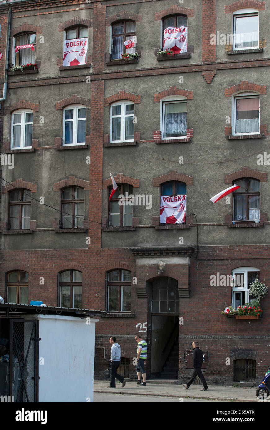Polish flags decorate a building in Gdansk, Poland, 15 June 2012. The ...