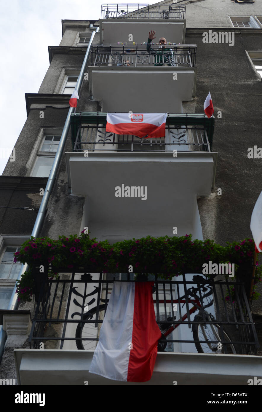 Polish flags decorate a balcony in Gdansk, Poland, 15 June 2012. The ...