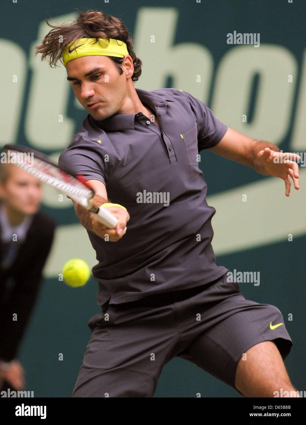 Switzerland's tennis player Roger Federer hits the ball during the ATP ...