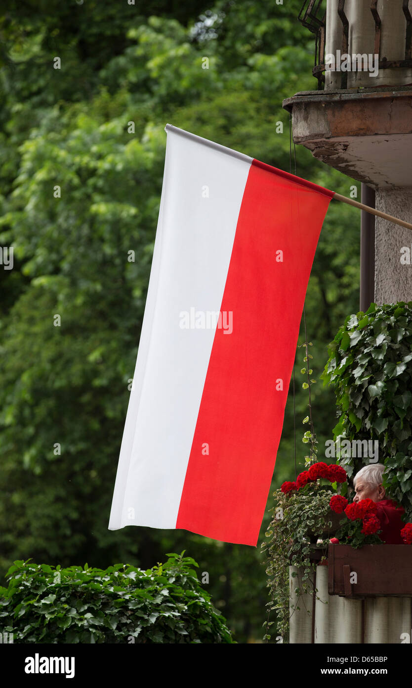 Polish flag decorate a balcony of a building in Sopot, Poland, 16 June ...