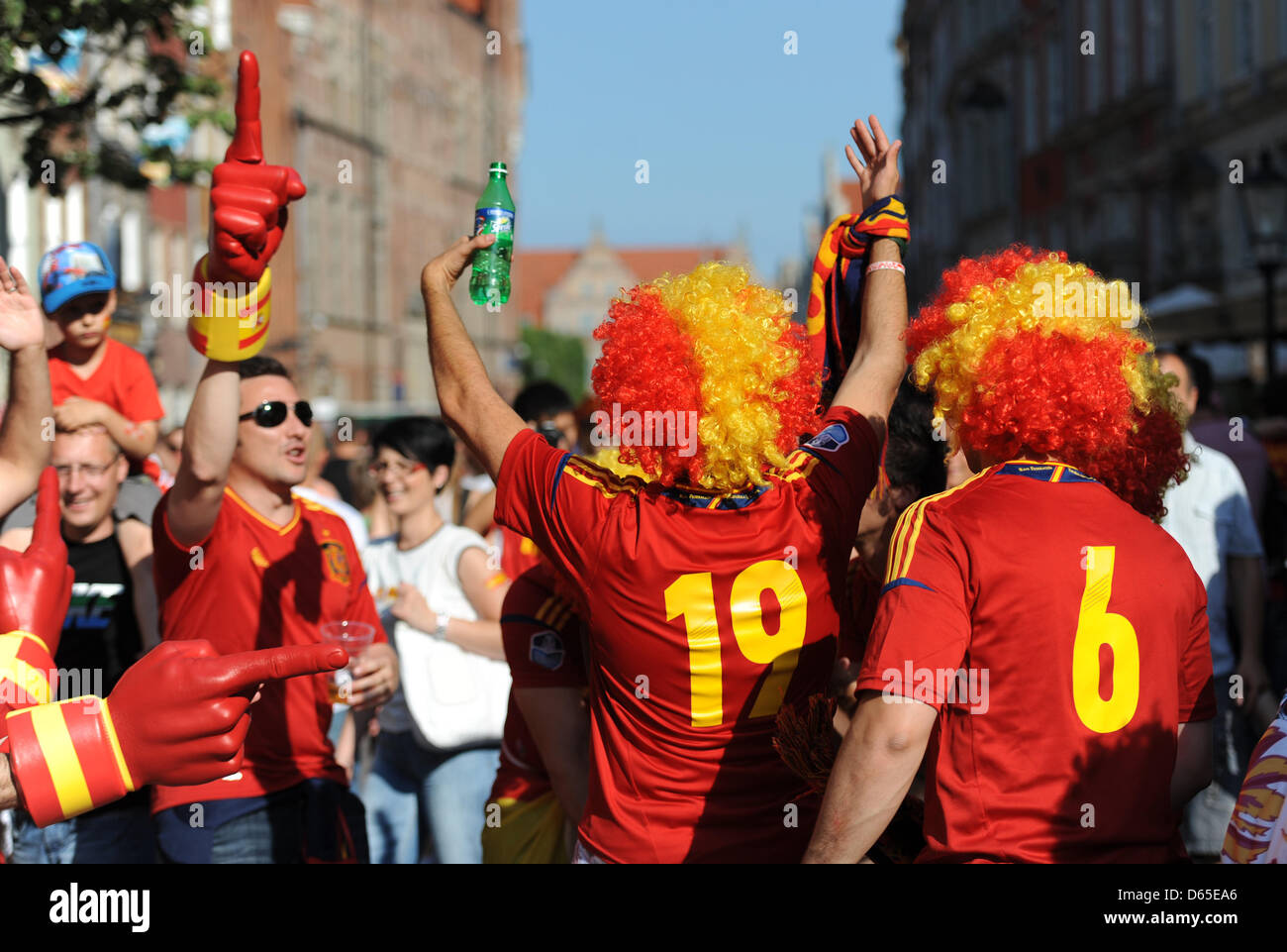 Spanish football fans celebrate in the city center of Gdansk prior to ...