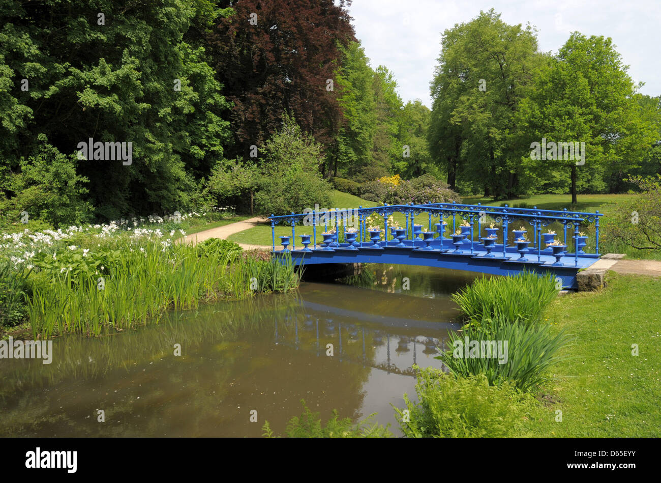 A blue bridge awaits flaneurs at Muskau Park in Bad Muskau, Germany, 11 ...