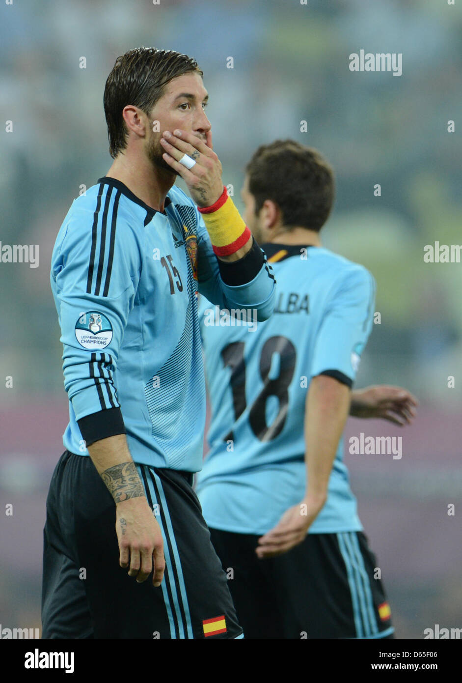 Spain's Sergio Ramos reacts during the UEFA EURO 2012 group C soccer ...
