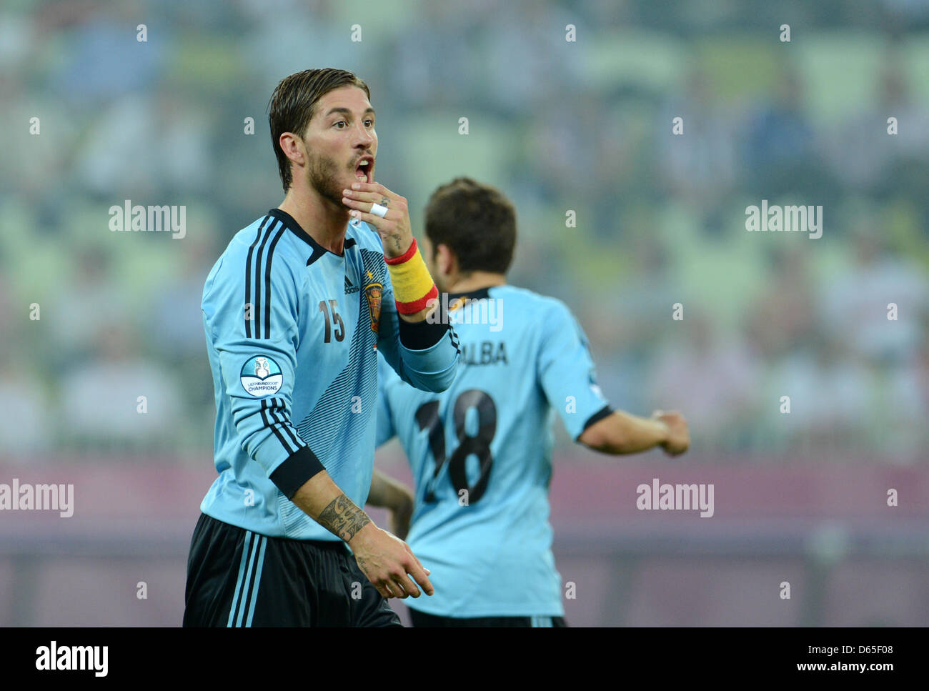 Spain's Sergio Ramos reacts during the UEFA EURO 2012 group C soccer ...