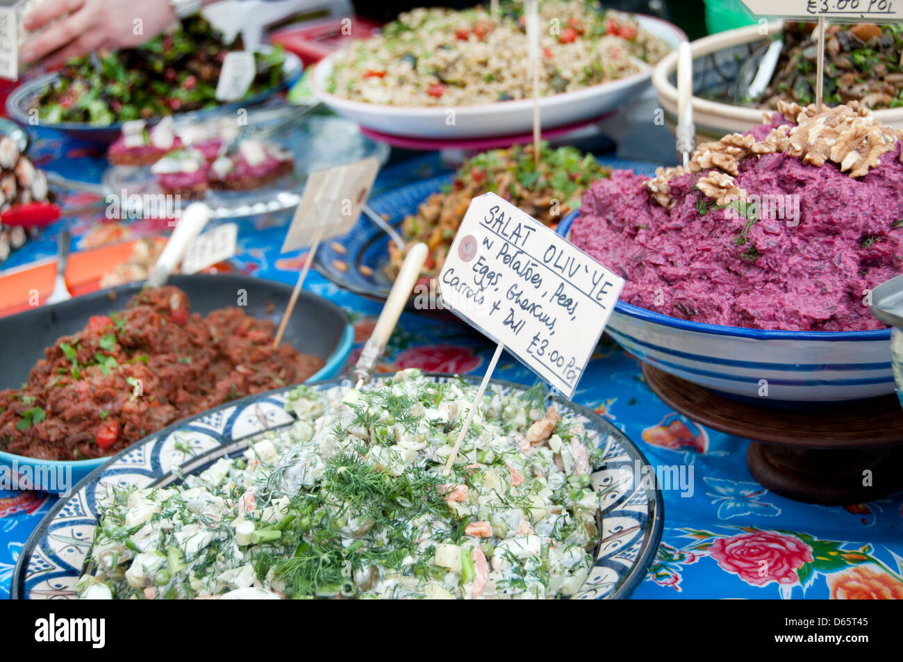 Hackney, London. Broadway market stall selling Russian inspired salads ...