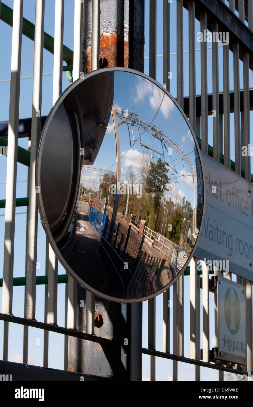 Convex mirror on Berkswell railway station, West Midlands, England, UK ...