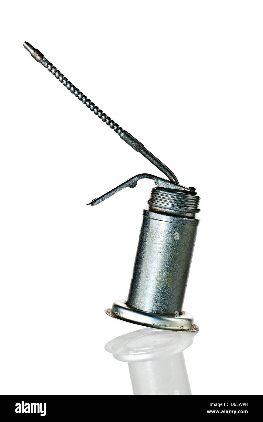 Small metal hand oiler with flexible spout shot on white reflective ...
