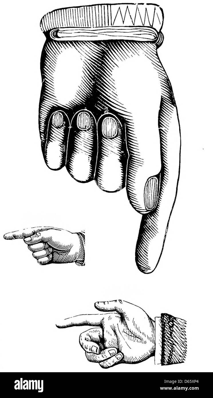 A black and white illustration of a manicule, a hand symbol used in ...