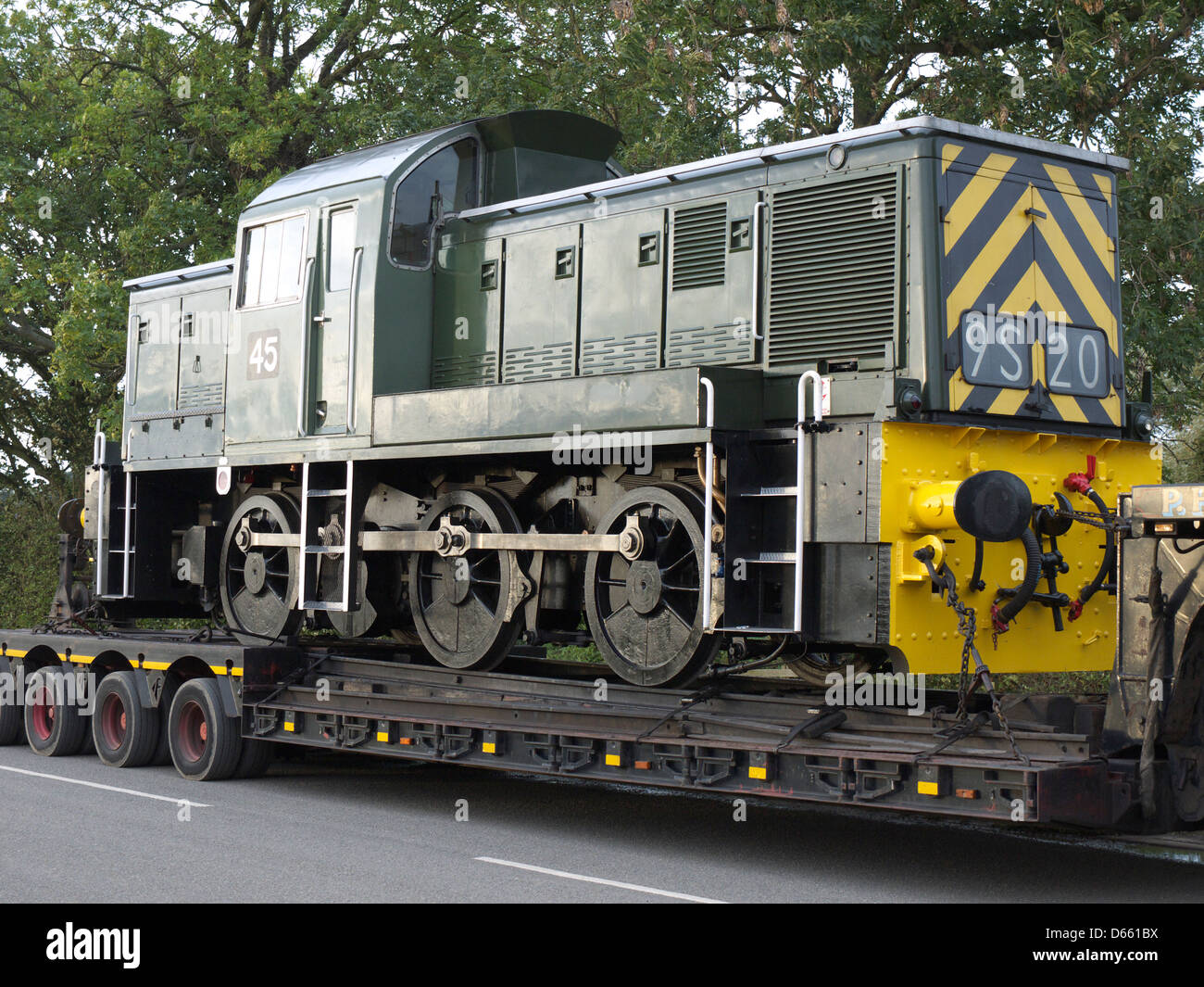 Vintage diesel "Teddy Bear" class on low loader at Nene Valley Railway ...