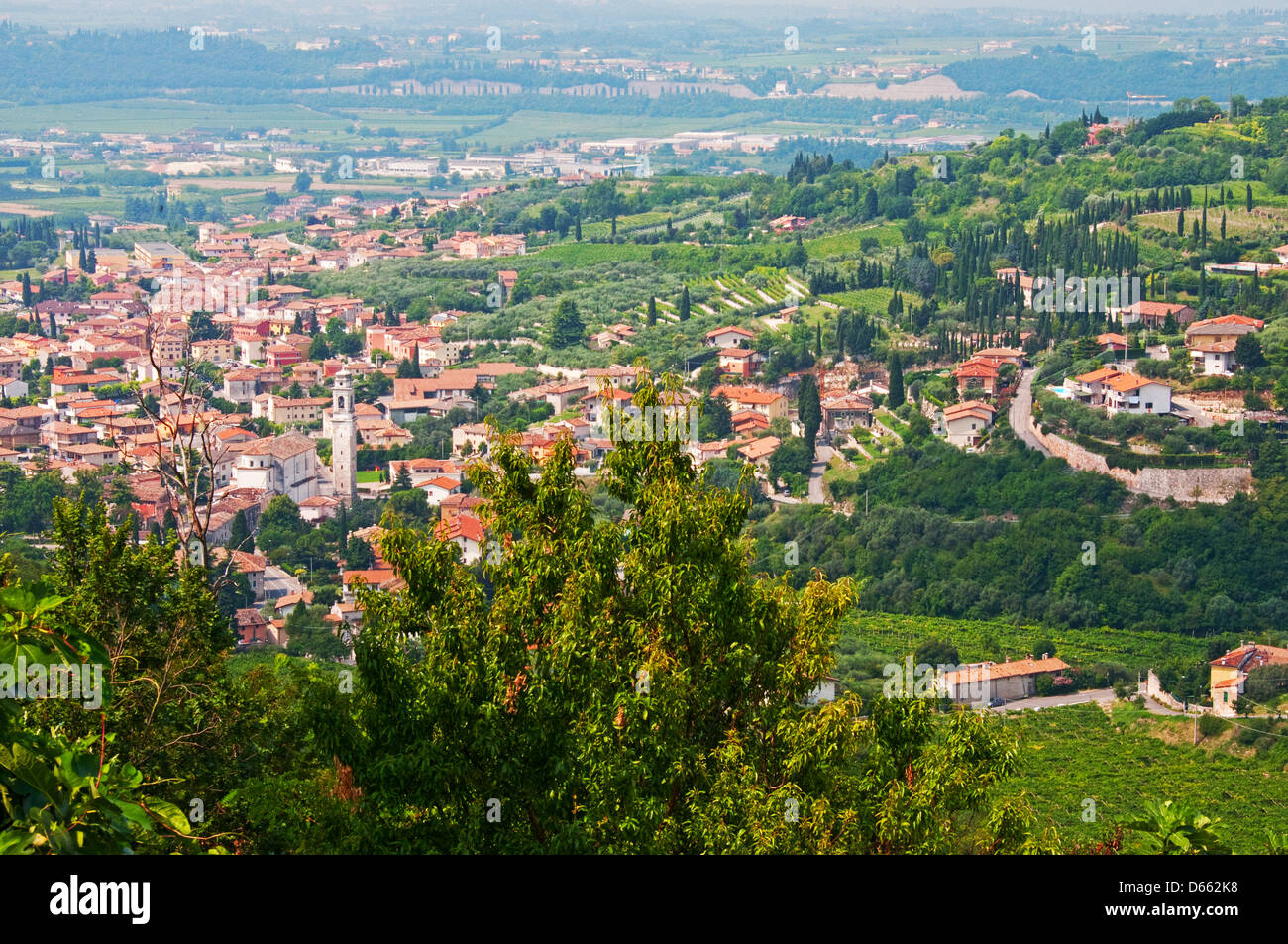 Looking down on town in valley of the Valpolicella region, Italy Stock ...