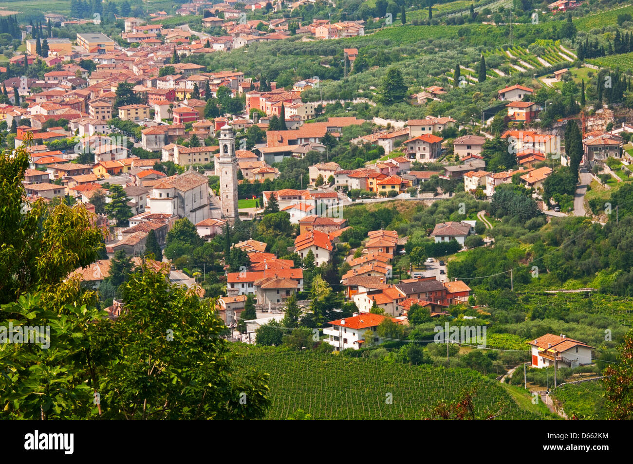 Looking down on town in valley of the Valpolicella region, Italy Stock ...