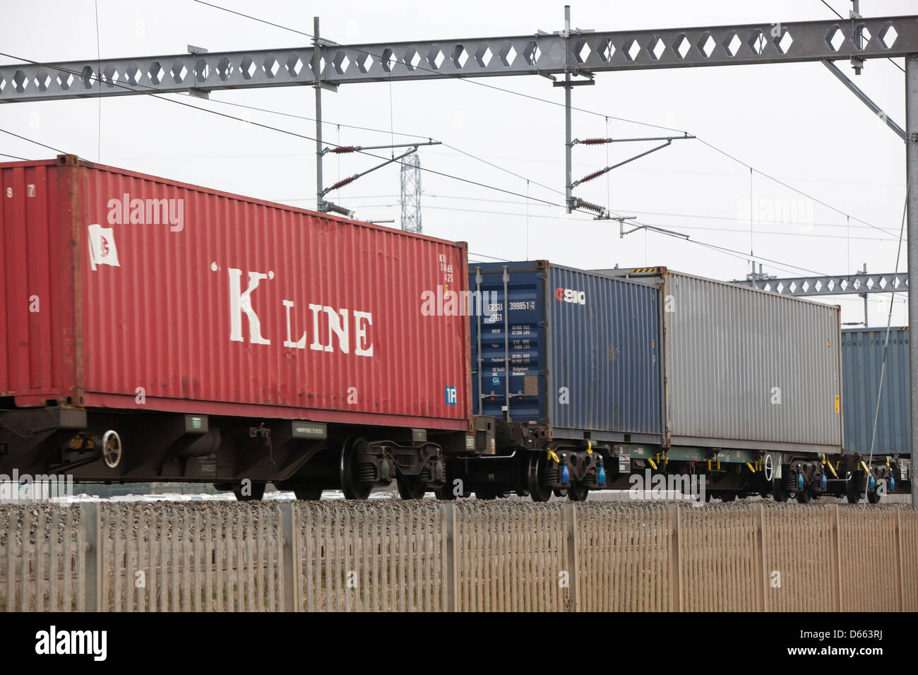 Containers of freight traveling along the West Coast Mainline railway ...