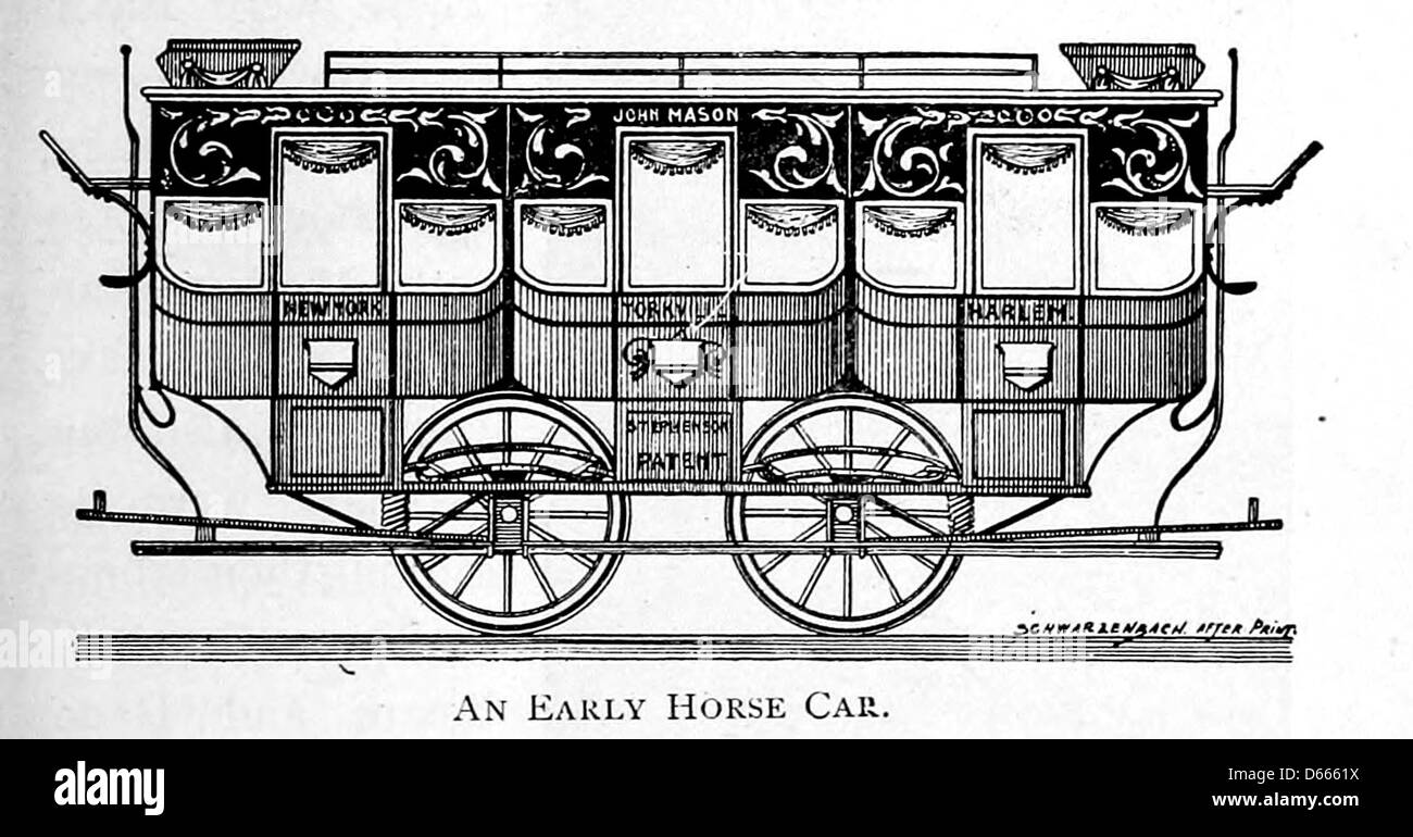 This 1900 illustration depicts an early horse-drawn streetcar, an ...