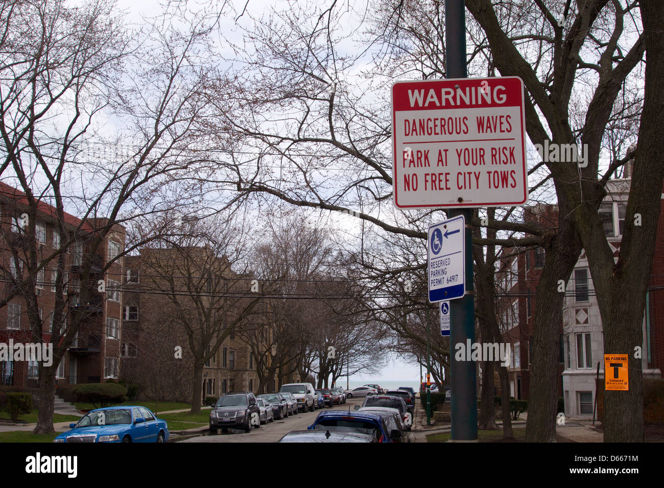 Dangerous waves sign on street ending at Lake Michigan, Chicago ...