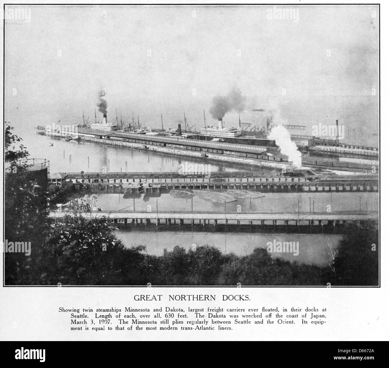 This 1909 image captures a view of the Great Northern Docks in Seattle ...