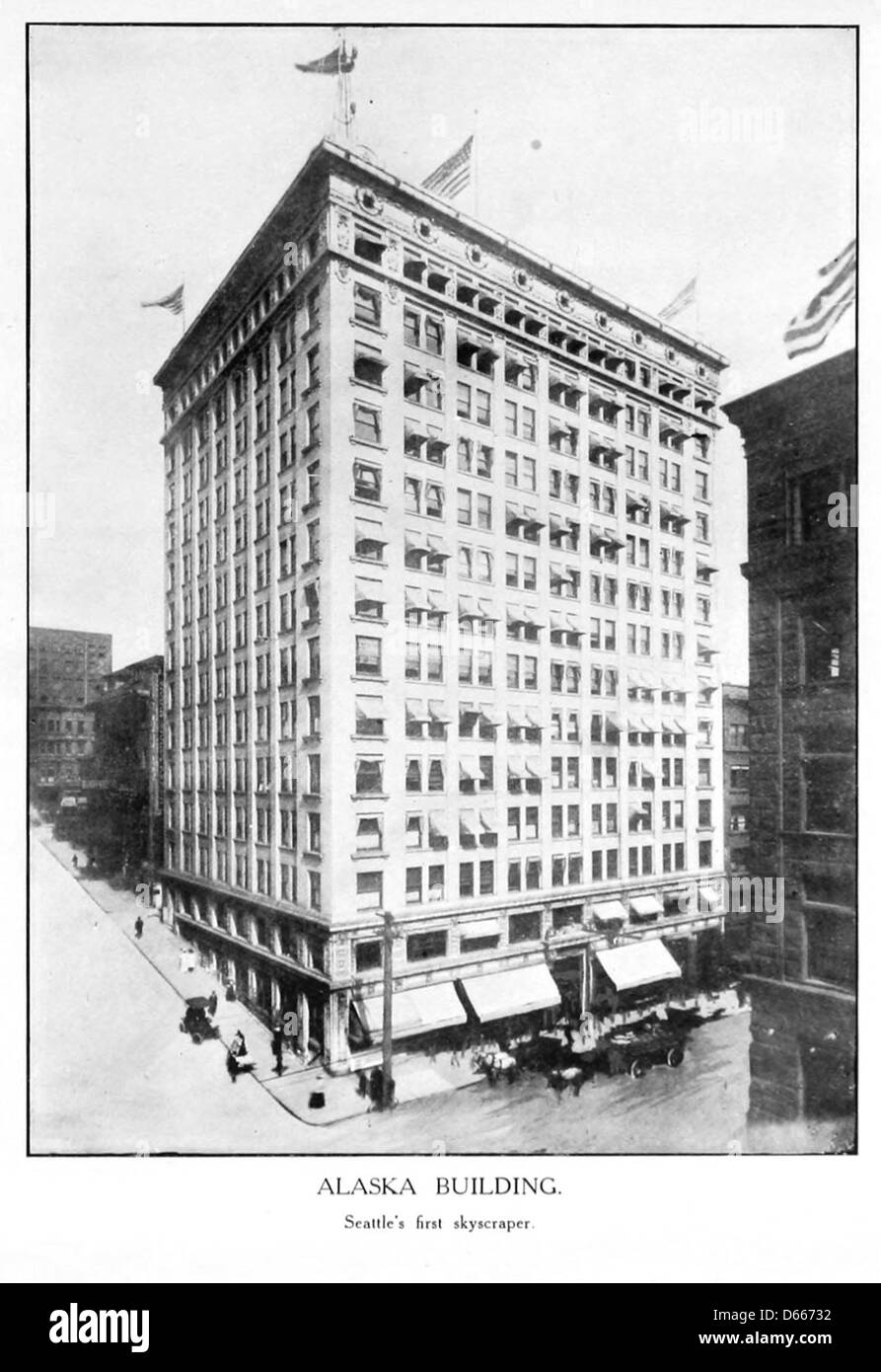 A 1909 photograph showing the Alaska Building in Seattle, Washington ...