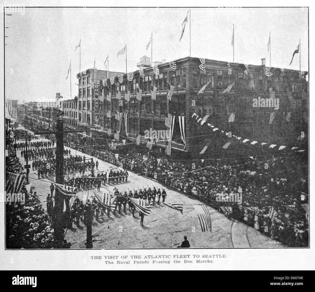 A souvenir illustration from 1909 depicting the visit of the Atlantic ...