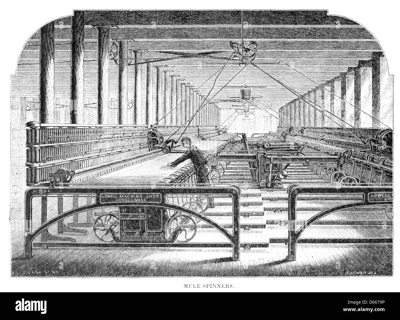 This 1879 image shows the process of thread production, specifically ...