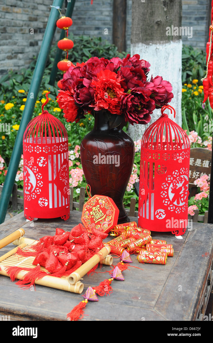 year new new year China Chinese decorations red traditional flower vase ...